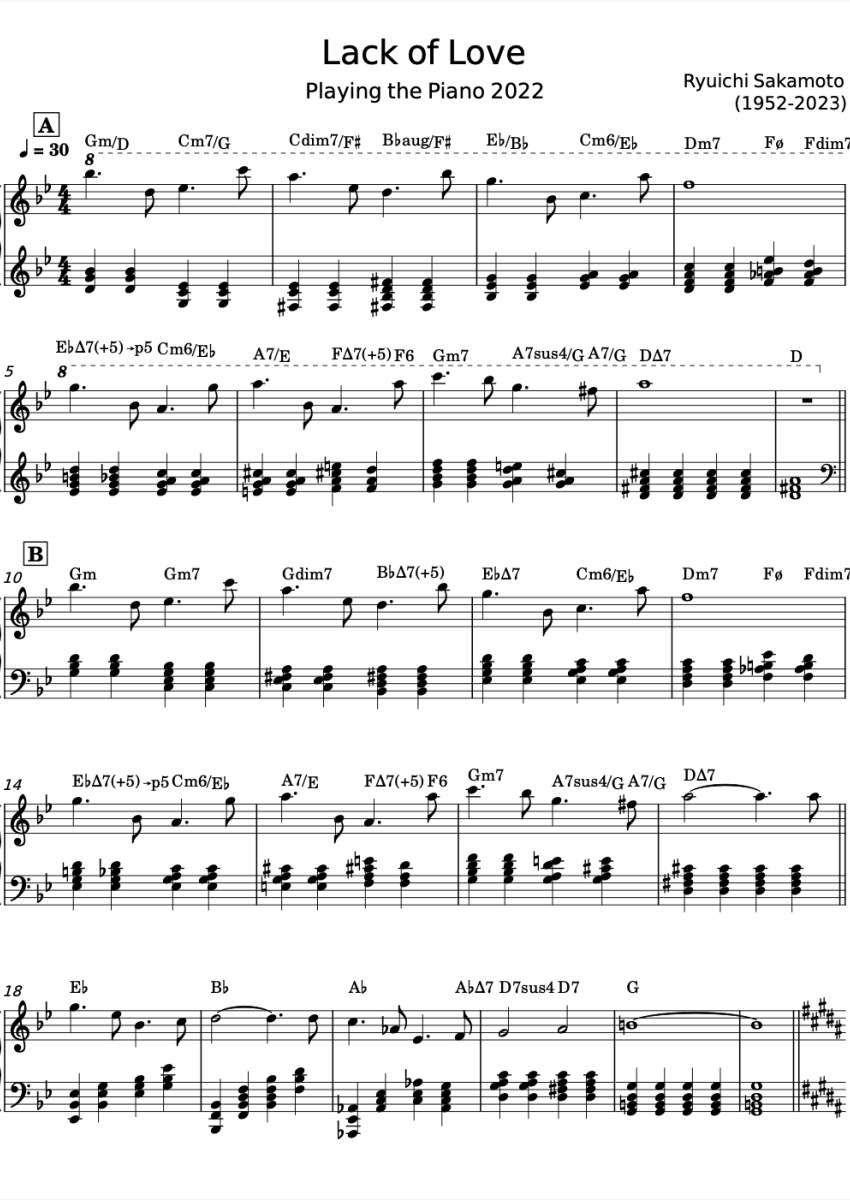 Ryuichi Sakamoto Lack of Love Sheet Music Downloads